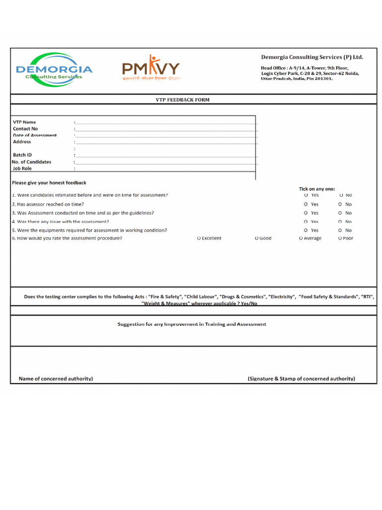 VTP Feedback Form - PMKVY Demorgia | PDF