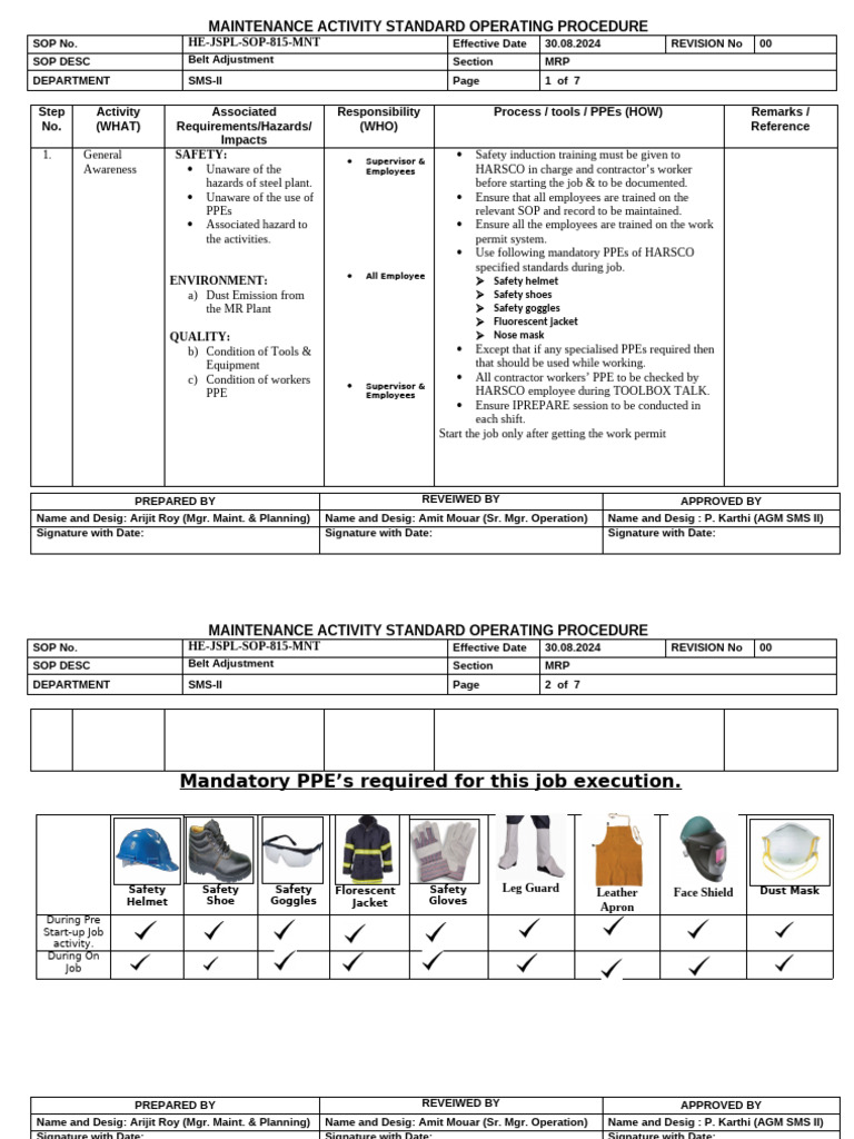 01 SOP For Belt Adjustment | PDF | Personal Protective Equipment ...