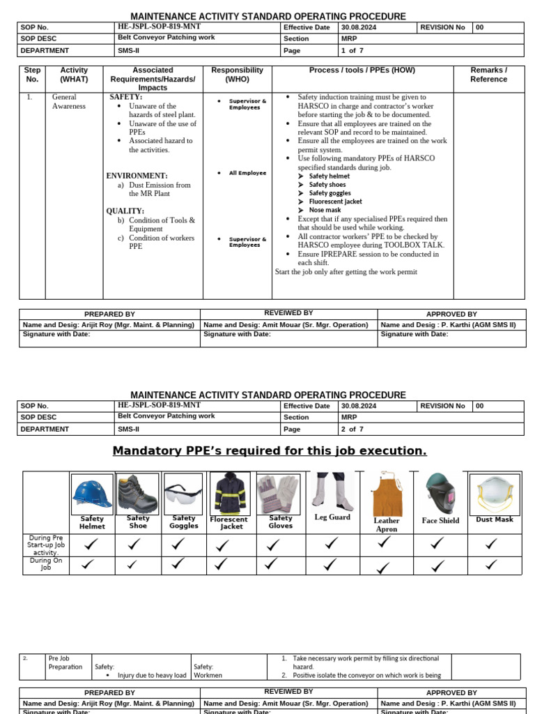 05 SOP of Belt Conveyor Patching Work | PDF | Personal Protective Equipment | Emergency