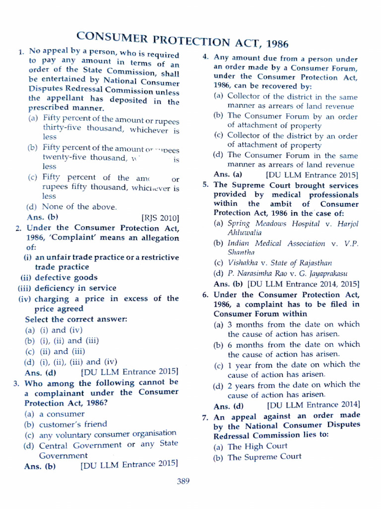 Consumer Protection Act MCQs | PDF | Consumer Protection | Private Law