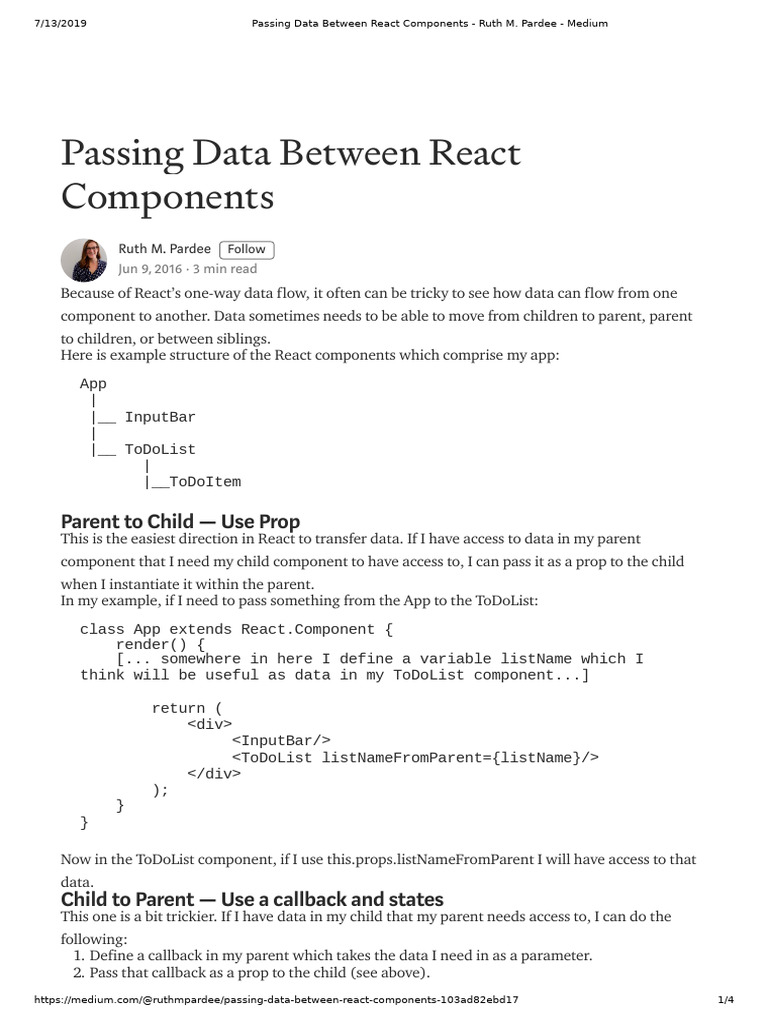Passing Data Between React Components - Ruth M. Pardee - Medium | PDF ... Passing Data Between React Components - Ruth M. Pardee - Medium | PDF ...