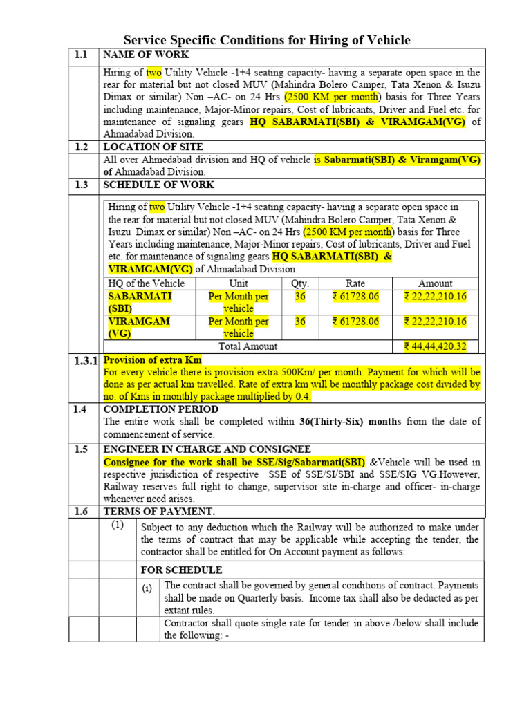 Service Specific Conditions For Hiring of Vehicle | PDF | Taxes