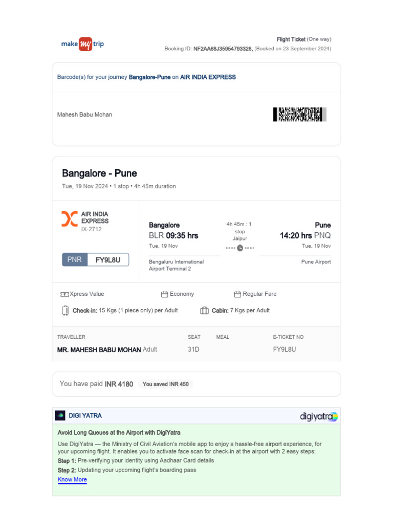 Air India Express Flight Ticket Details | PDF | Airport | Aviation
