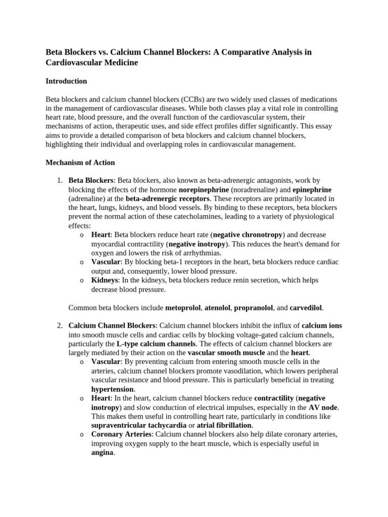Beta vs. Calcium Channel Blockers: Comparison | PDF | Heart | Vasodilation
