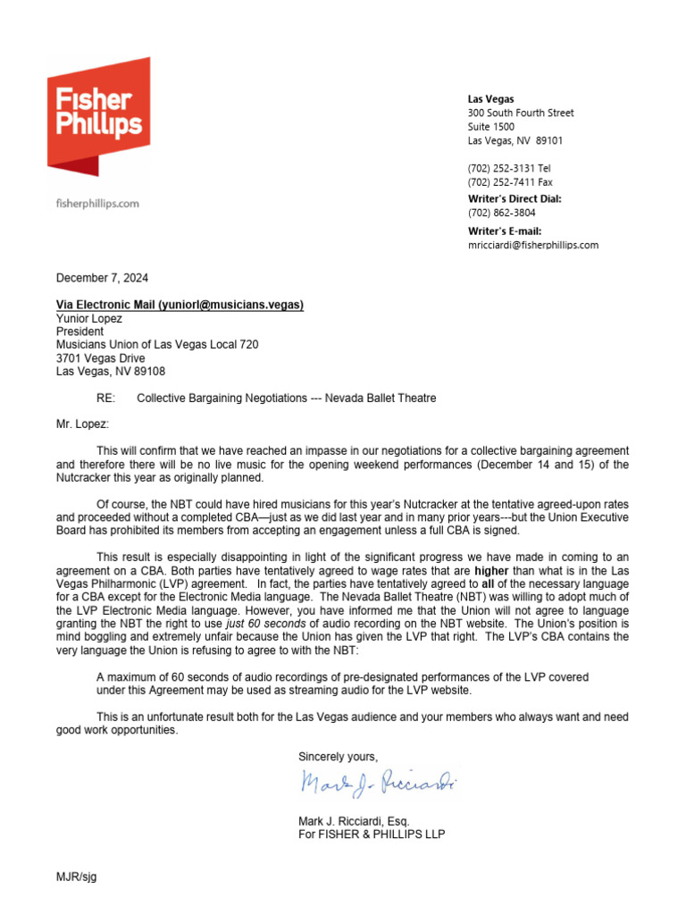 Nevada Ballet Theatre Letter To Musicians Union | PDF | Collective ...