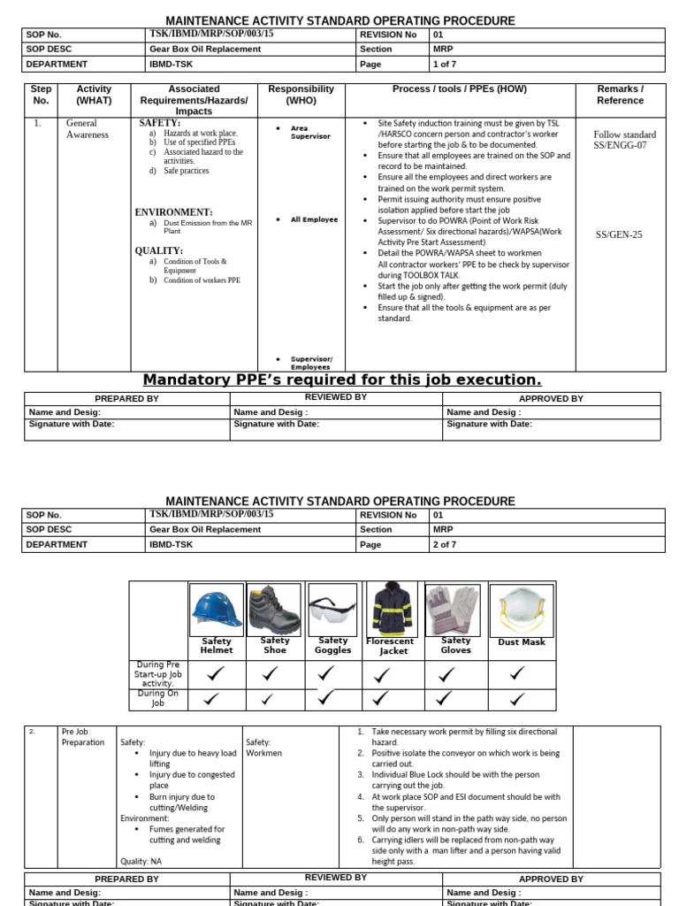 15 SOP of Gear Box Oil Replacment | PDF | Personal Protective Equipment ...