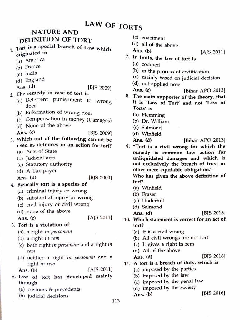 Law of Torts MCQs | PDF