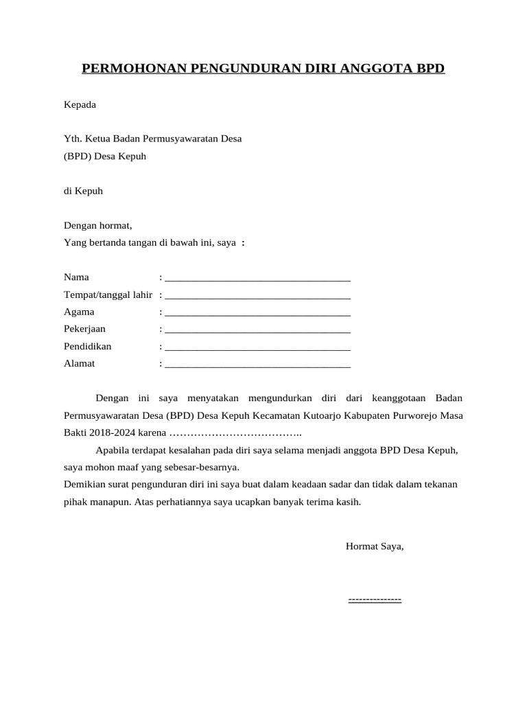 Permohonan Pengunduran Diri Anggota Bpd | PDF