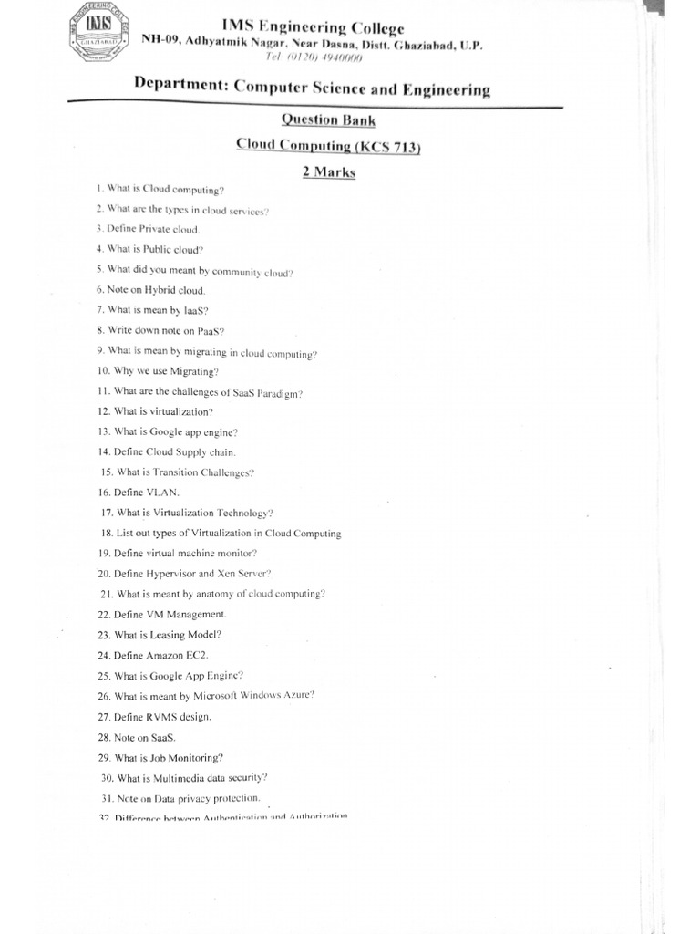QuestionBank Cloud Computing | PDF