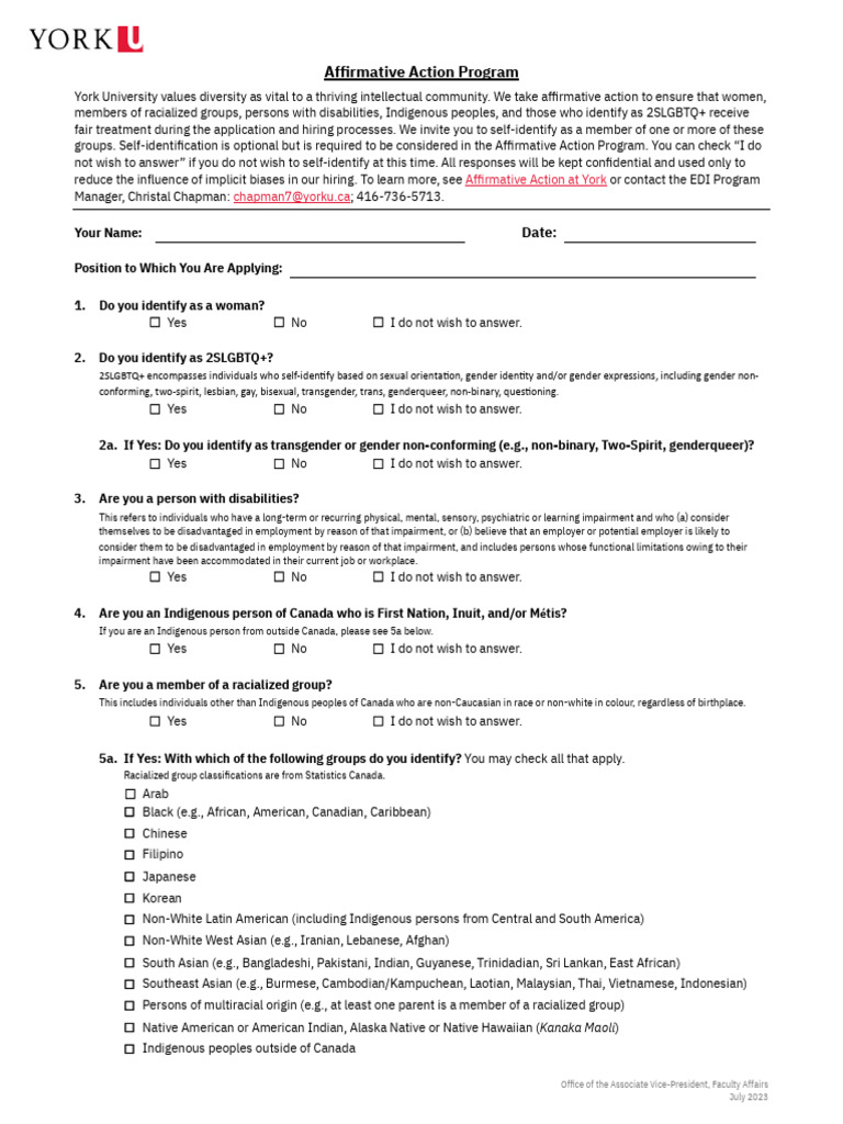 Faculty Affirmative Action Self Identification 2023 2024 ENGLISH | PDF | Lgbt | LGBTQIA+ Studies
