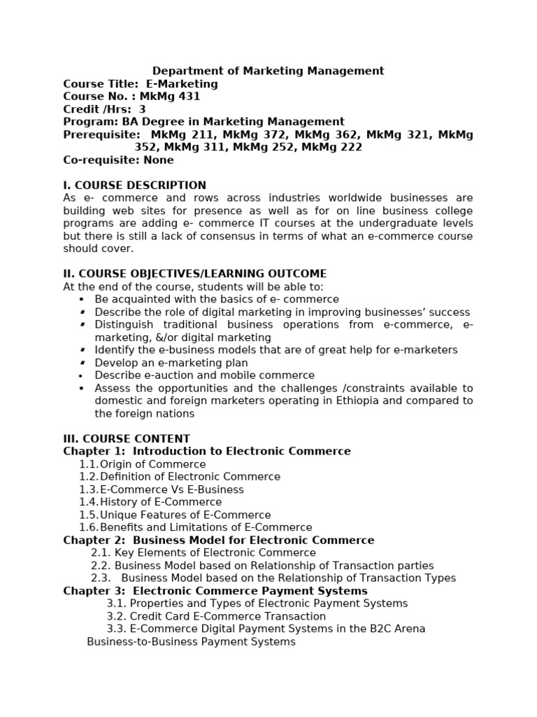 E Commerce Courseoutline | PDF | Marketing | E Commerce