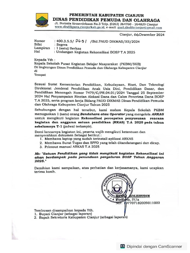 Surat Undangan Rekonsiliasi BOSP T.A 2025 PKBMSKB | PDF