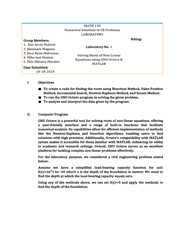 Copy of MATH130-Laboratory-Format | PDF | Numerical Analysis | Matlab