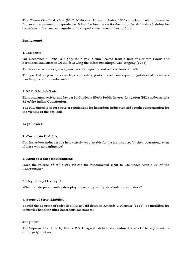 The Oleum Gas Leak Case | PDF | Environmental Law | Legal Liability