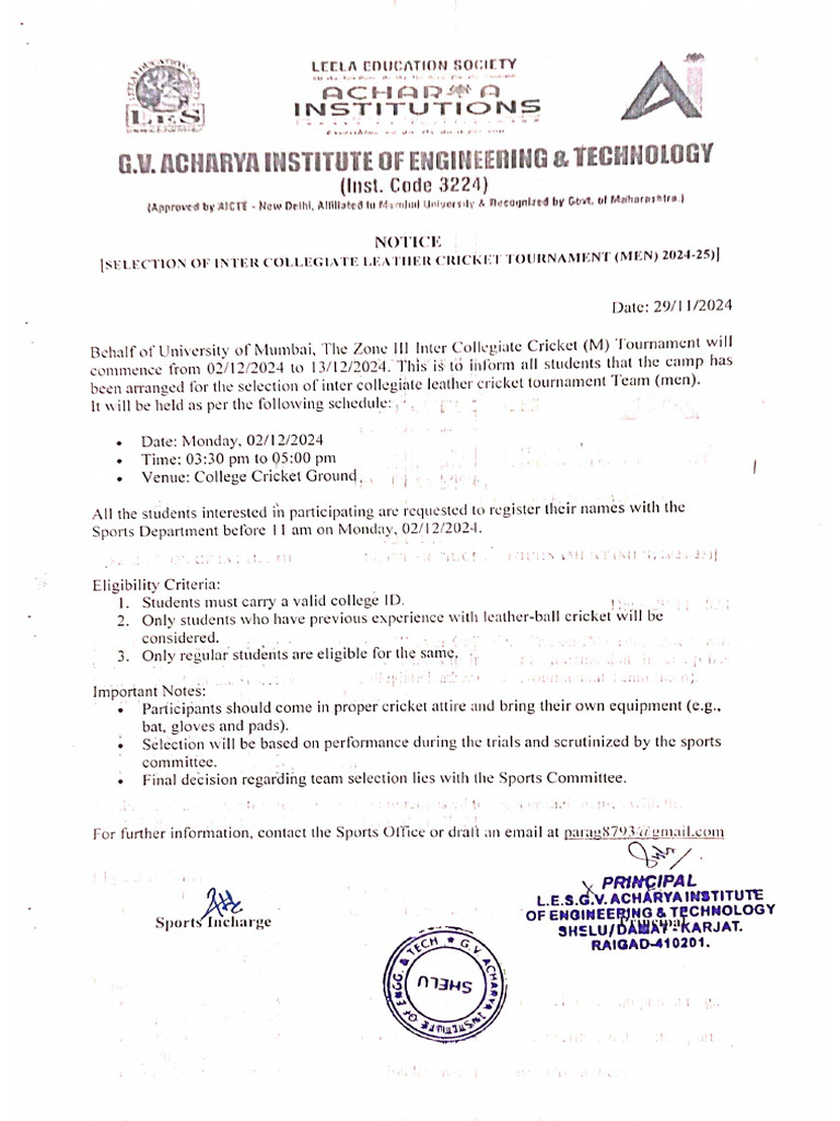 Notice - Selection of Leather Cricket Tournament - University of Mumbai ...