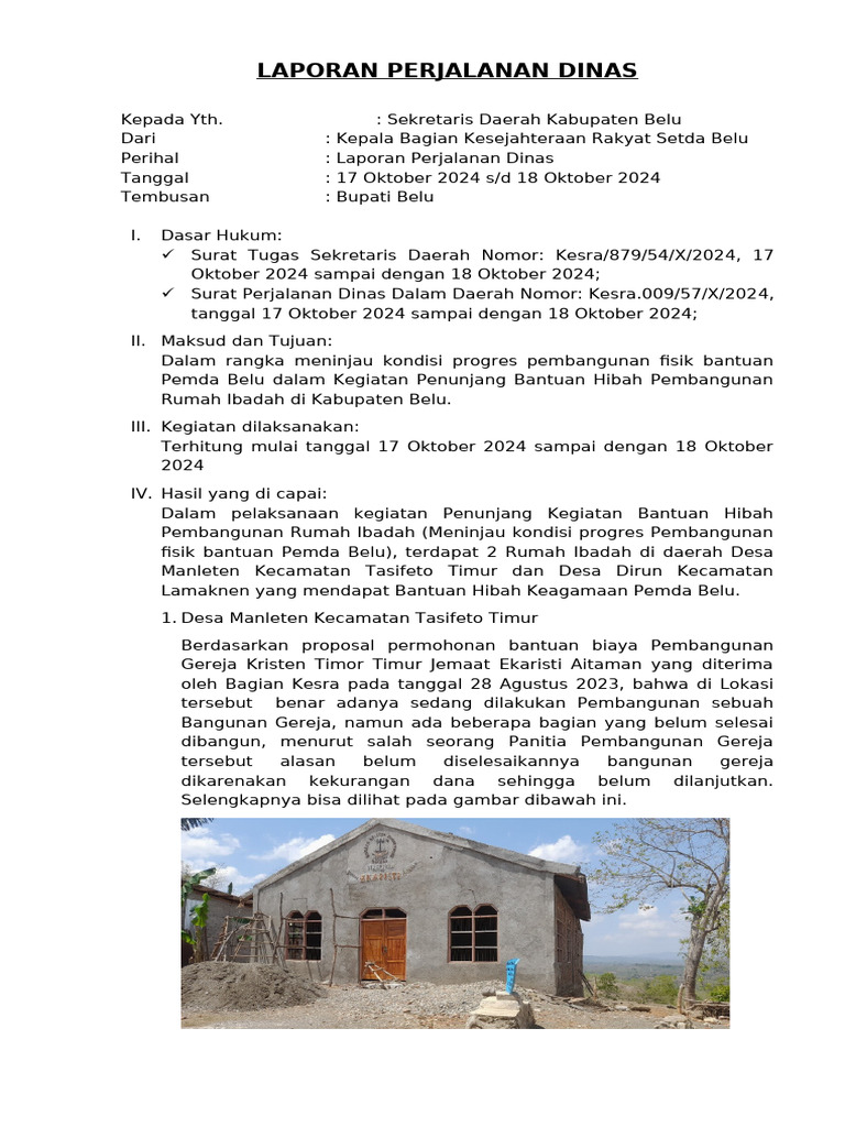 Laporan Perjalanan Dinas Meninjau Progres Pembangunan Gereja Lamaknen ...