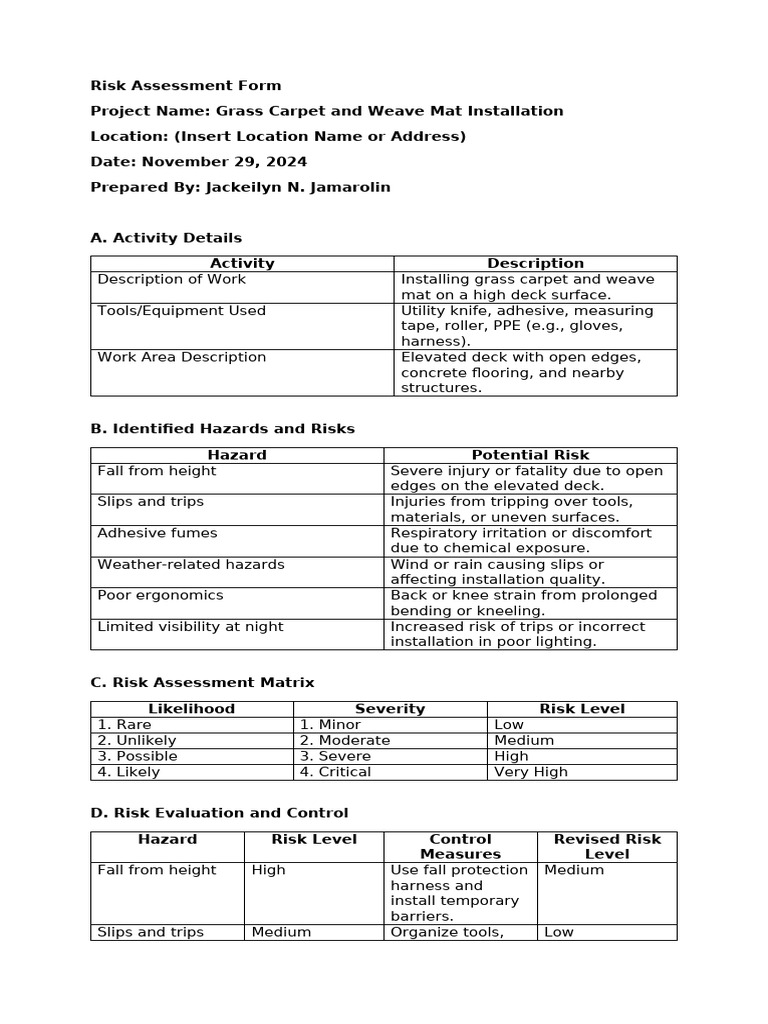 Risk Assessment Form | PDF | Personal Protective Equipment | Risk