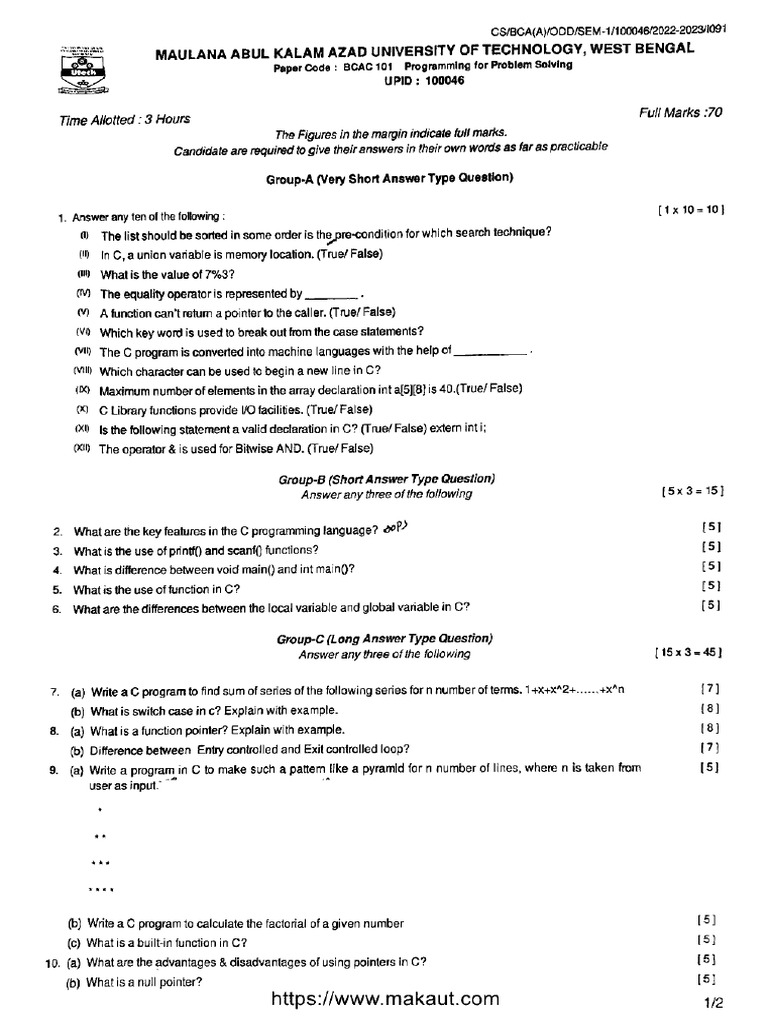 Bca 1 Sem Programming For Problem Solving Bcac 101 2023 | PDF