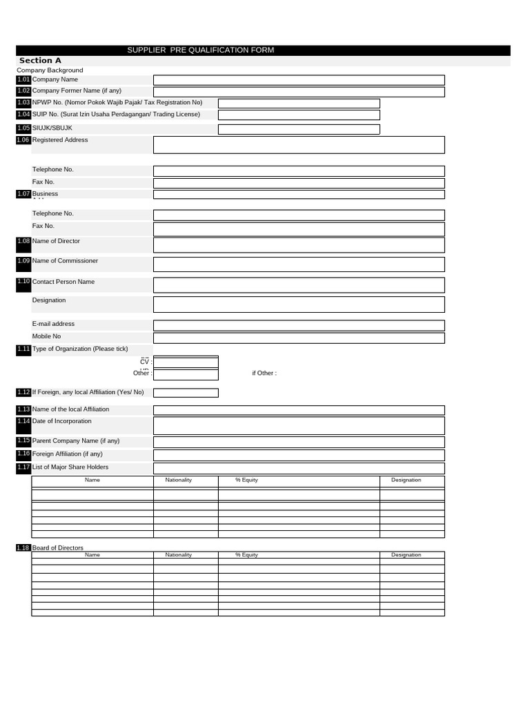 Supplier Pre Qualification Form NEW | PDF | Bankruptcy | Liquidation