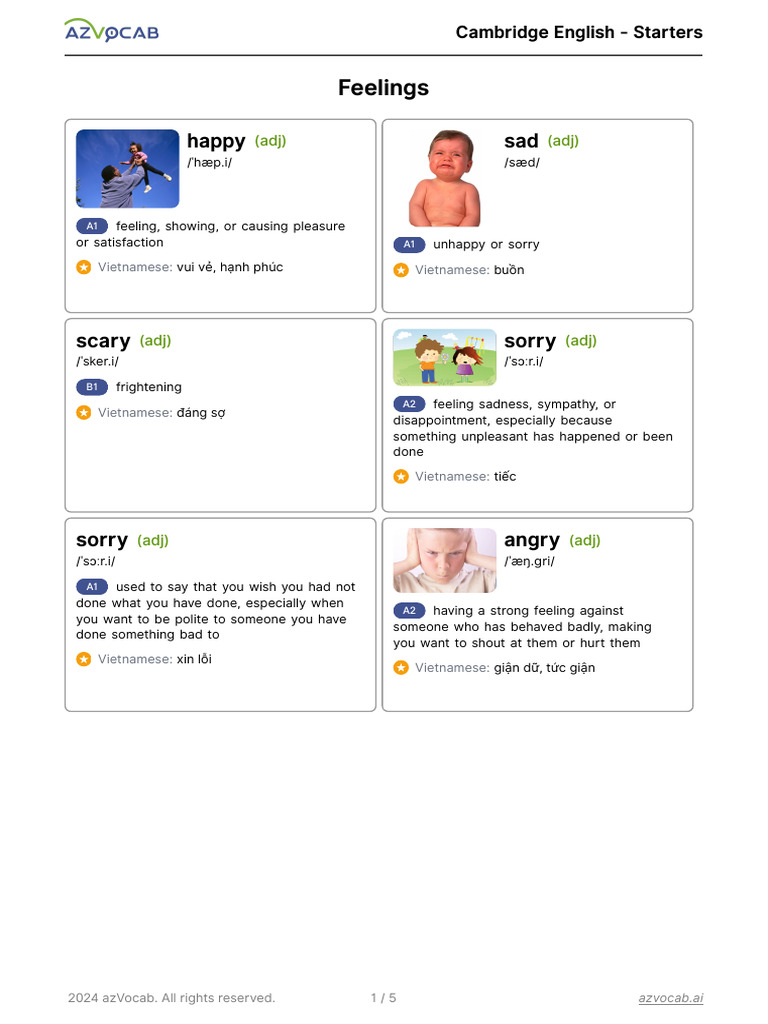Cambridge English Starters: Feelings Vocabulary | PDF