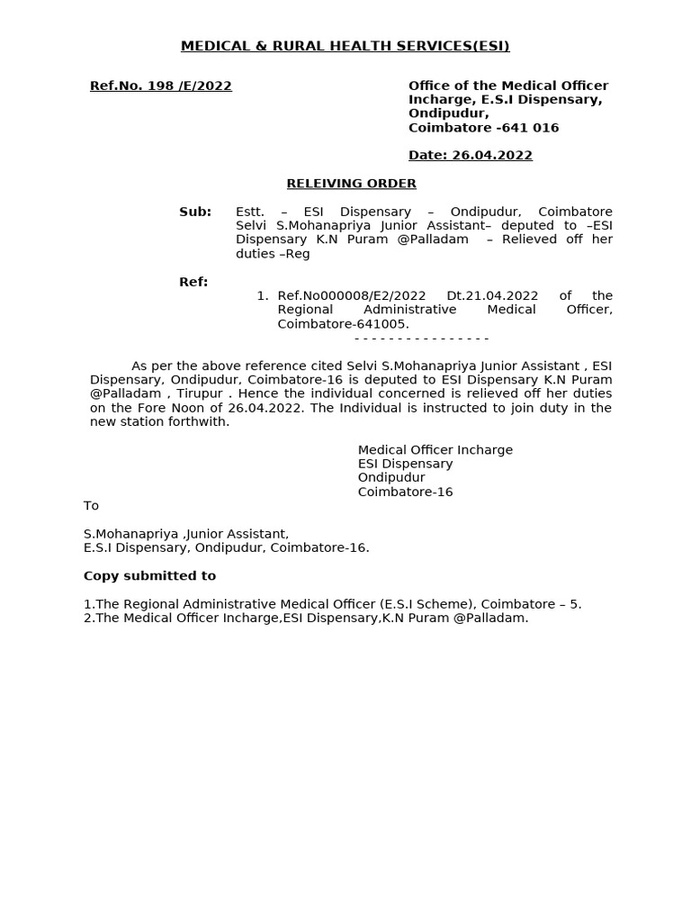 Relieving Order | PDF