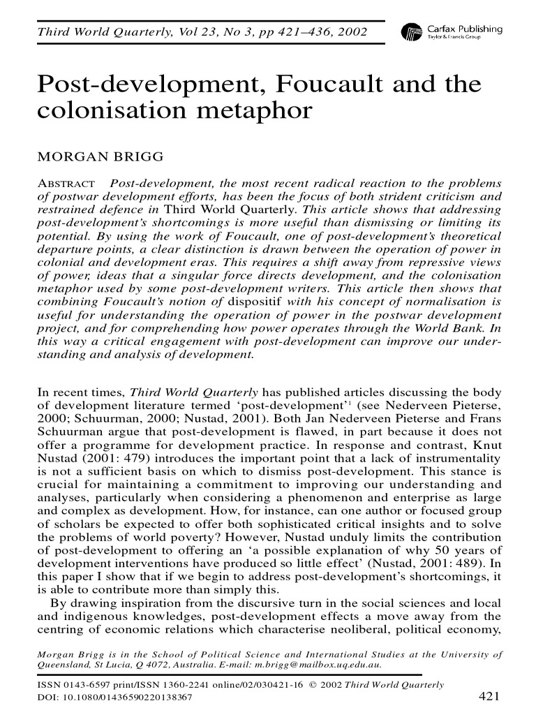 Post-Development, Foucault and The Colonisation Metaphor: Morgan Brigg ...