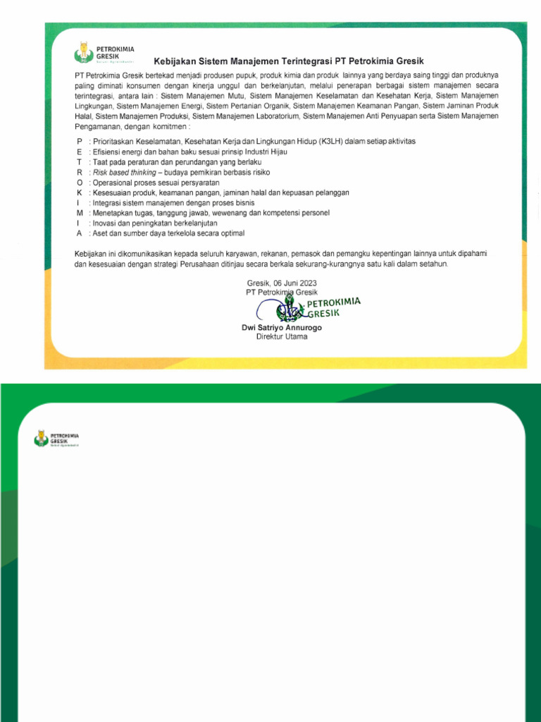 Kebijakan Manajemen Terintegrasi PT Petrokimia | PDF