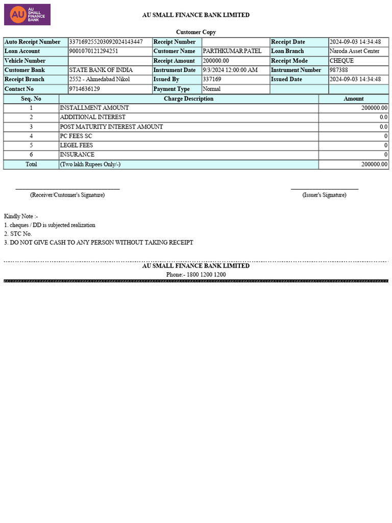 AU Bank Receipt | PDF | Banks | Cheque