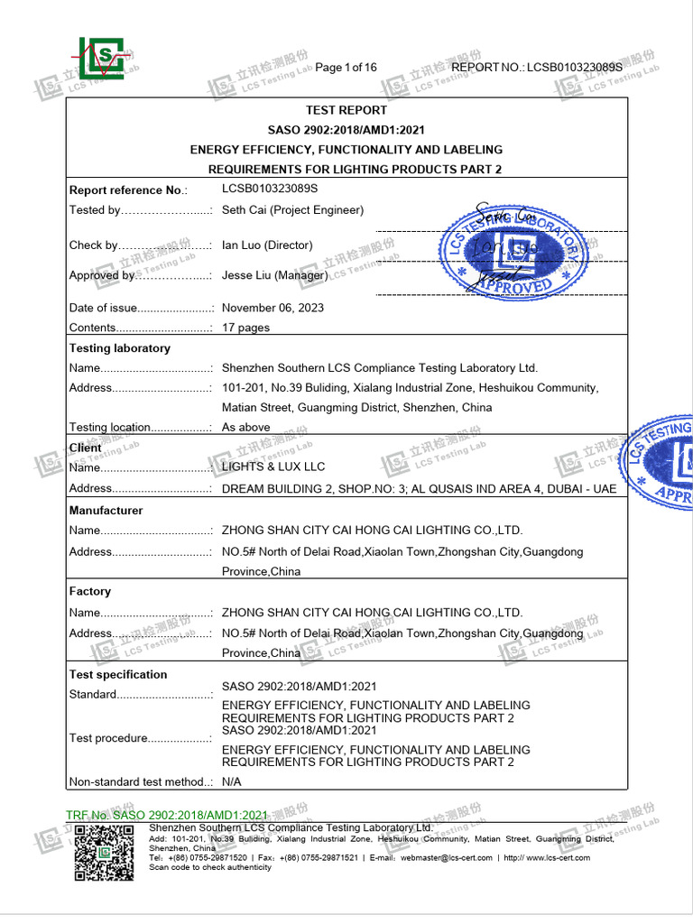 BH01 18W LCSB010323089S Report | PDF | Fluorescent Lamp | Metrology