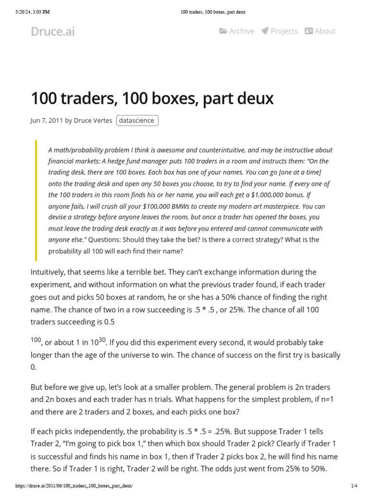 100 Traders, 100 Boxes, Part Deux | PDF | Beta (Finance) | Odds