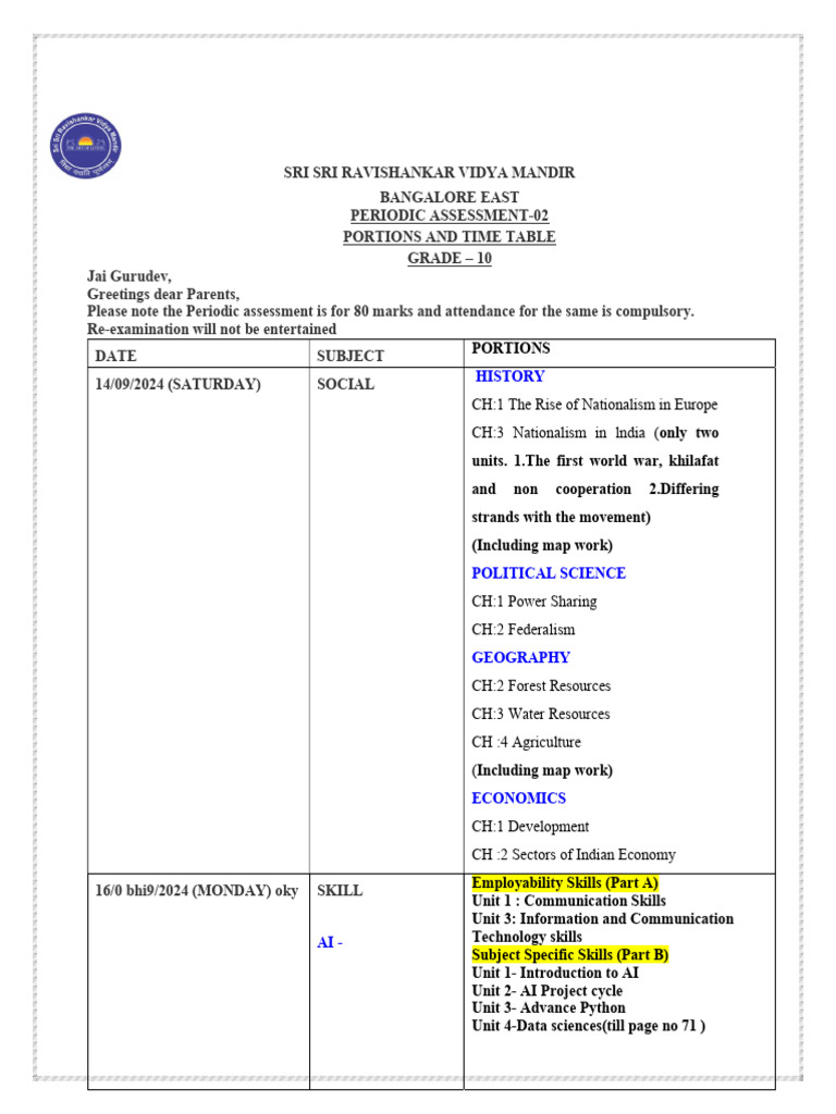 Grade 10 Periodic Assessment 2 Time Table and Portions1726766068135 | PDF