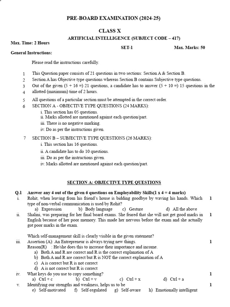 preboard QP AI-10 CBSE | PDF | Artificial Intelligence | Intelligence (AI) & Semantics
