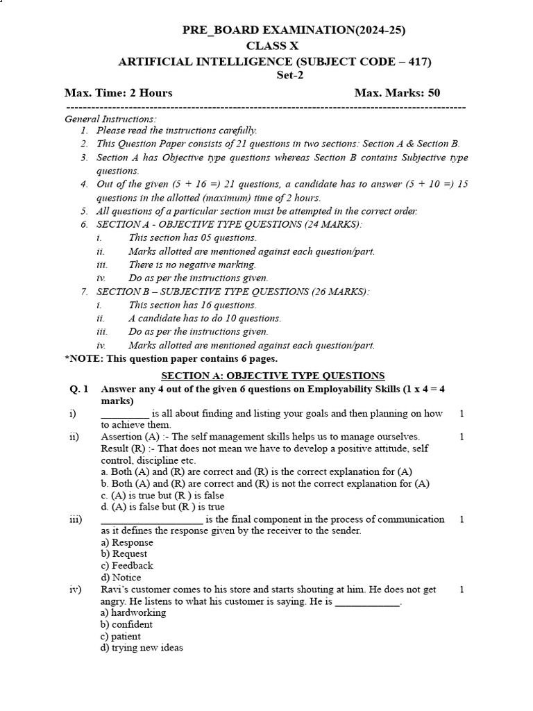 preboard QP AI CBSE | PDF | Artificial Intelligence | Intelligence (AI) & Semantics