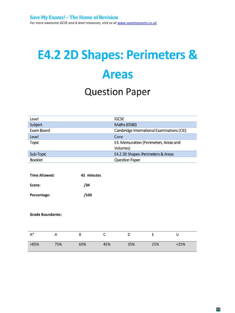 Mensuration 2D Shapes Perimeters and Areas CP | PDF