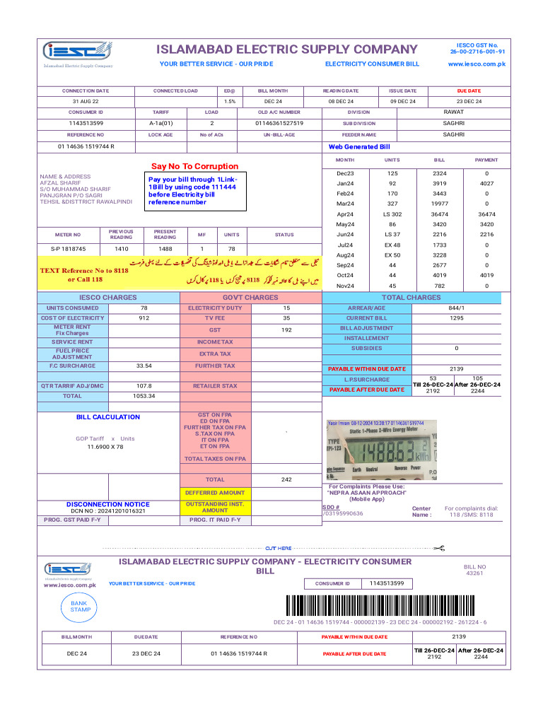 IESCO Bill Motor - Dec 2024 | PDF | Taxes | Value Added Tax