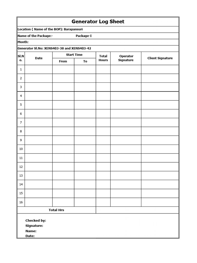 Generator Log Sheet Template | PDF