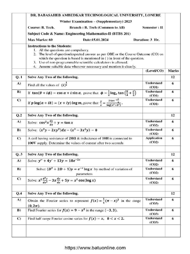 Btech 1 Year Engineering Mathematics 2 Btbs 201 Jan 2024 | PDF