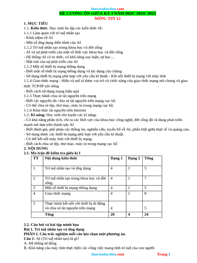 De Cuong On Tap Giua HK1 Tin 12 KNTT Nam Hoc 24 25 | PDF