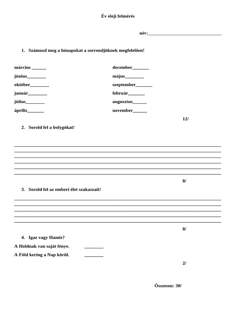 Környezet Dolgozat Év Eleji 3.o | PDF