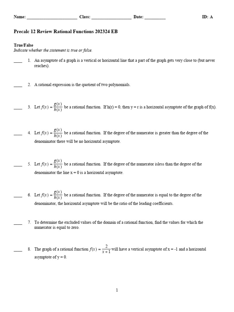 Precalc Review: Rational Functions | PDF | Rational Number | Asymptote