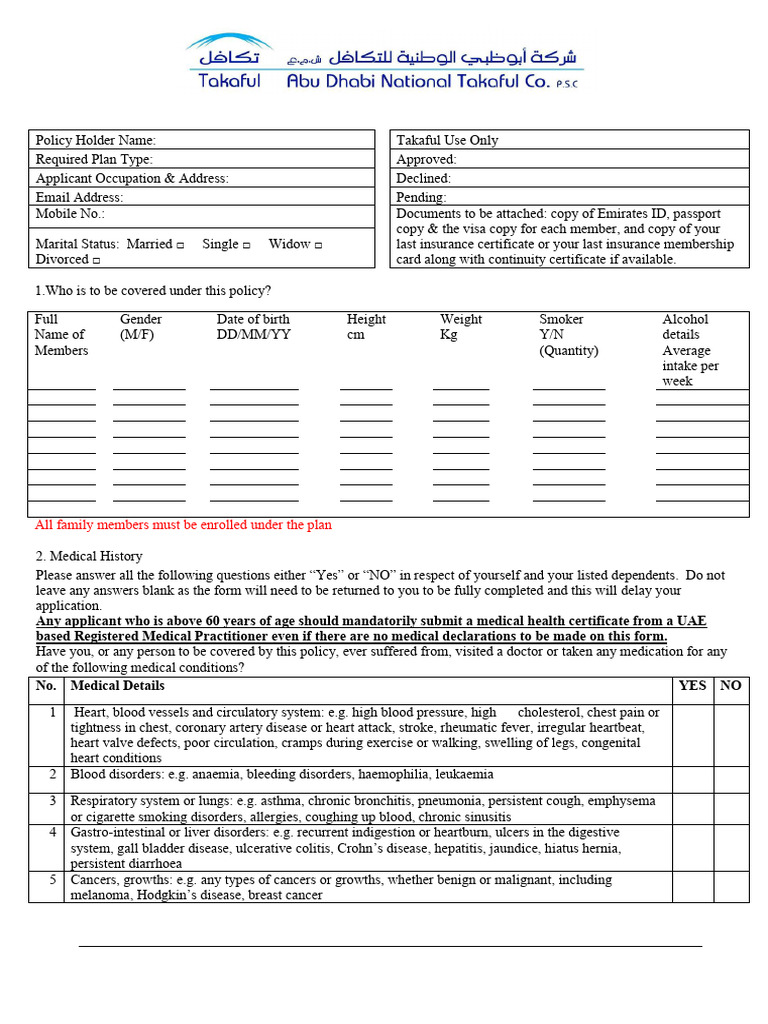 Medical Enrollment Form for Takaful Insurance | PDF | Cancer | Chronic ...