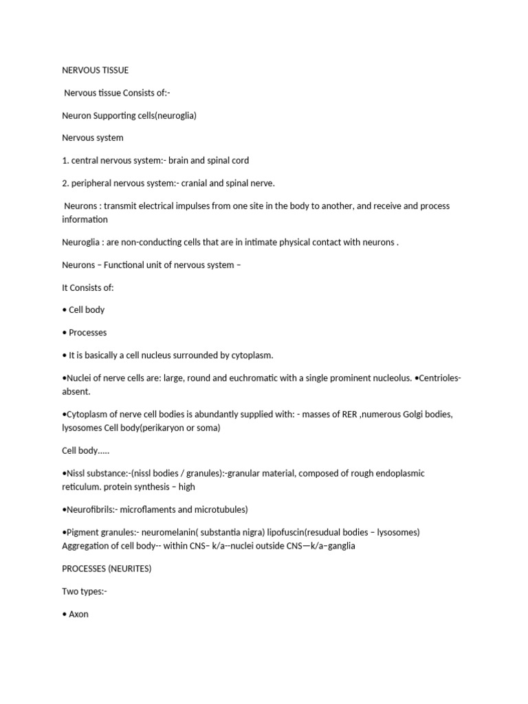 Nervous Tissue Notes | PDF | Axon | Neuron