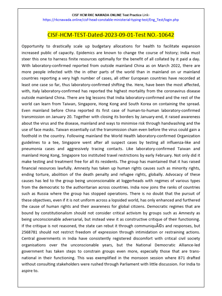 CISF HCM English Skill Test Paper To Scren Sept Full Month 2023 | PDF ...