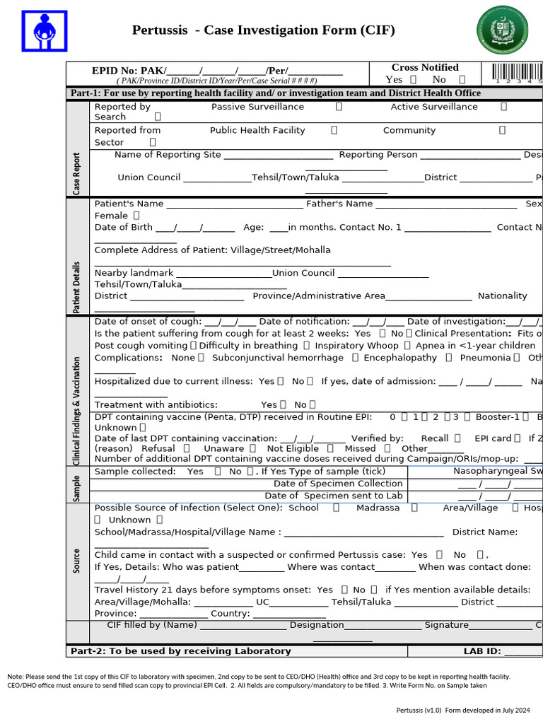 Pertussis Case Investigation Form | PDF | Pediatrics | Public Health