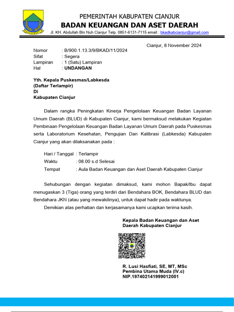 Surat Undangan Keg Pembinaan Blud 2024 | PDF