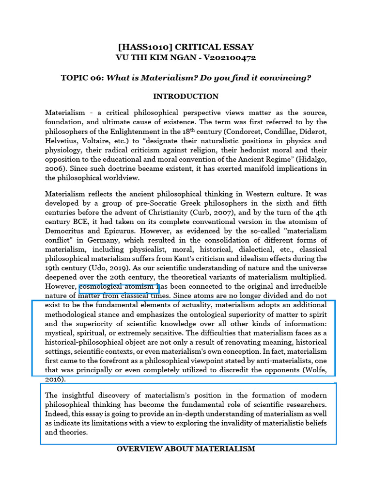(Hass1010) Critical Essay: VU THI KIM NGAN - V202100472 TOPIC 06 | PDF ...