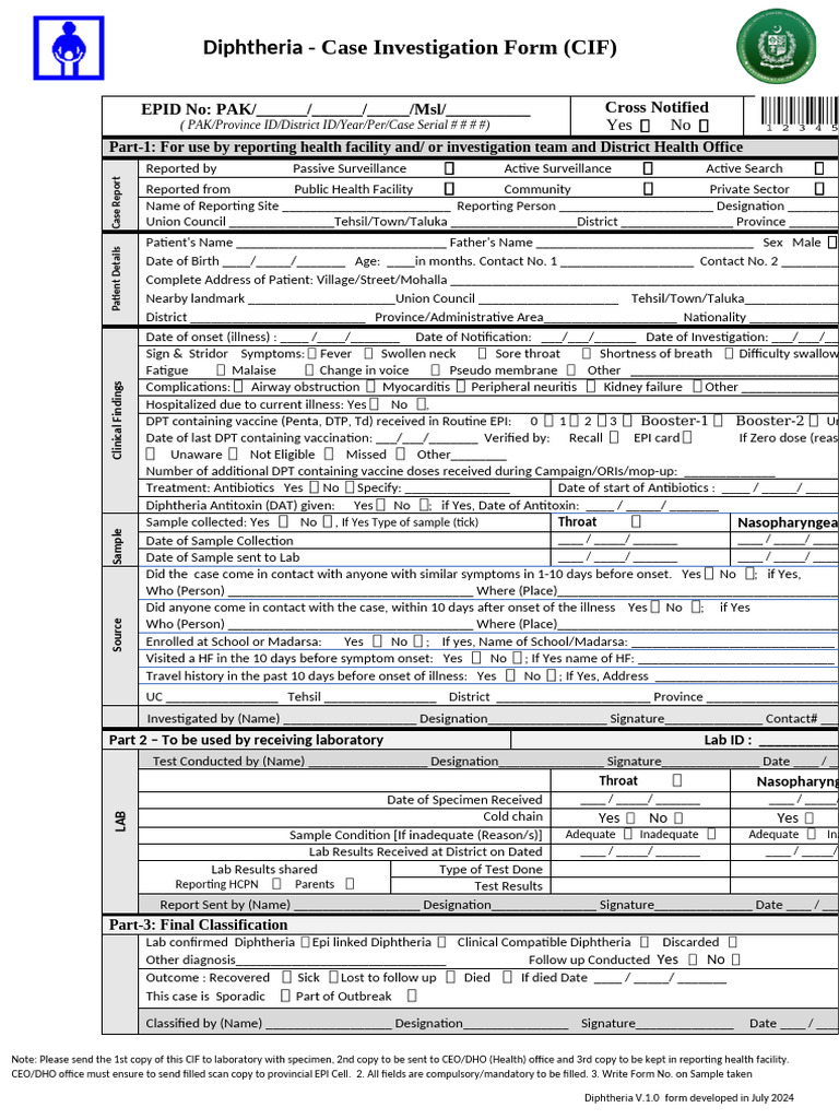 Diphtheria Case Investigation Form | PDF | Diseases And Disorders ...