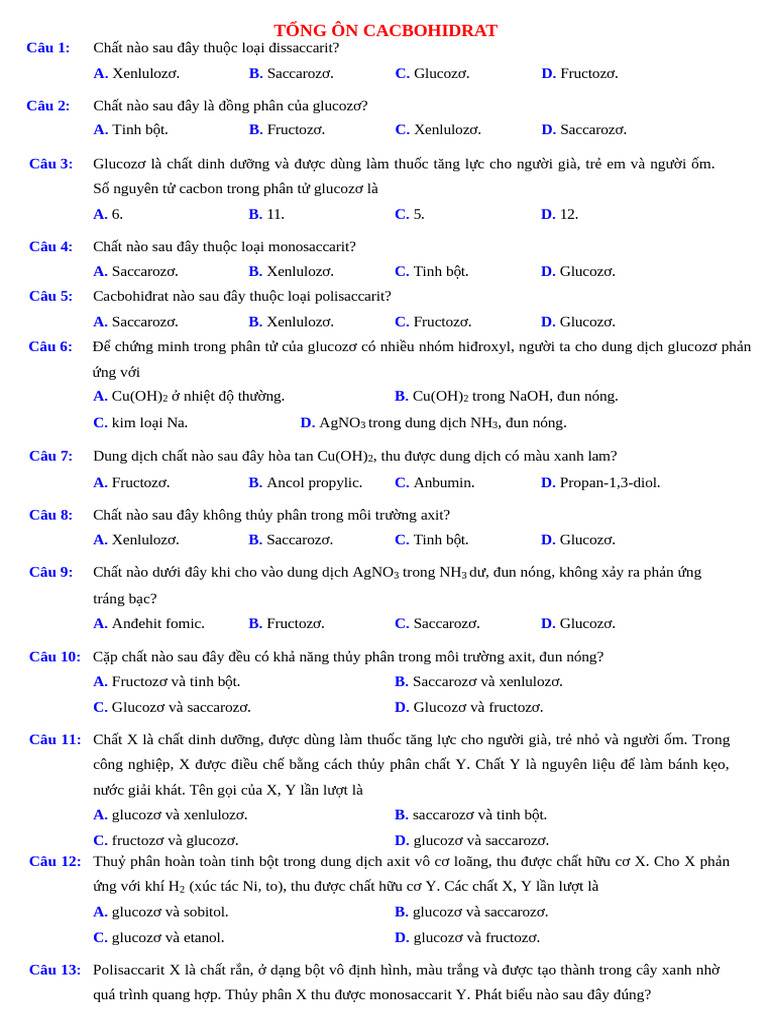 TỔNG ÔN CACBOHIDRAT | PDF