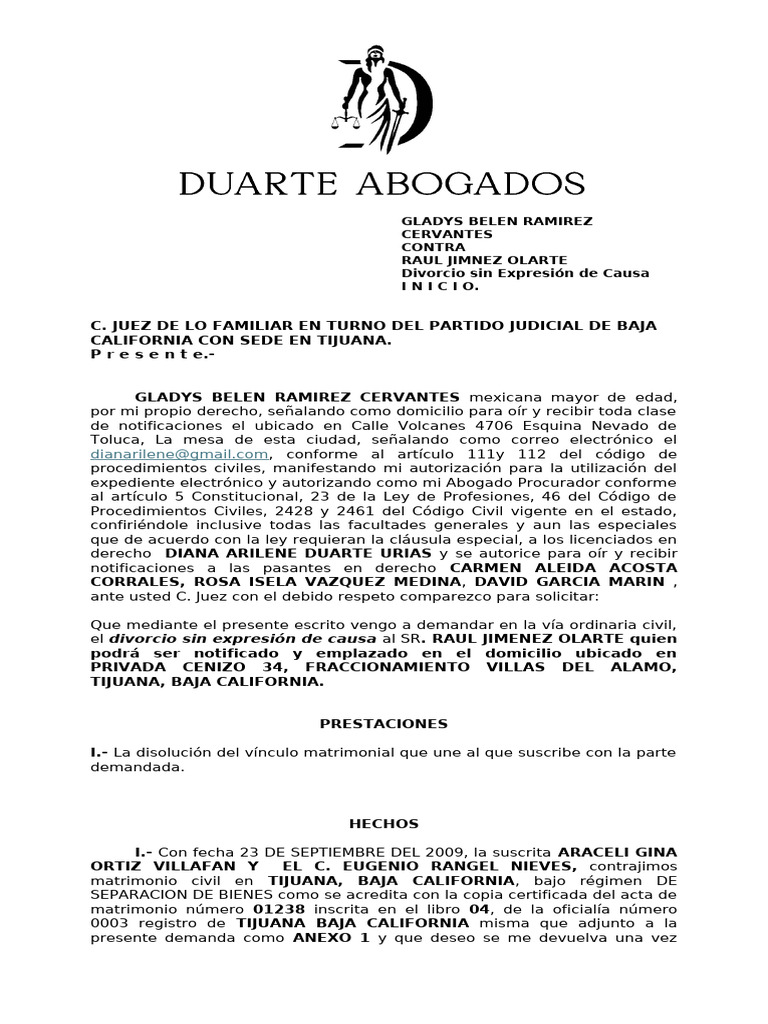 Divorcio sin Expresión de Causa en Tijuana | PDF | Divorcio | Demanda ...