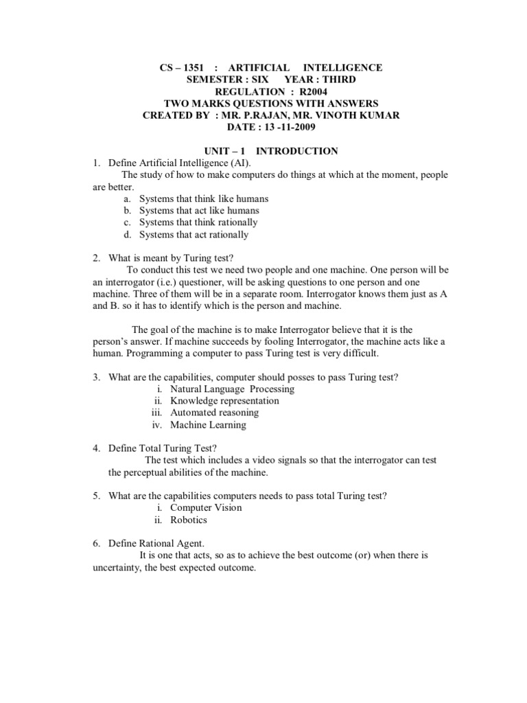 CS-1351 Artificial Intelligence - Two Marks | PDF | Parsing | Cybernetics